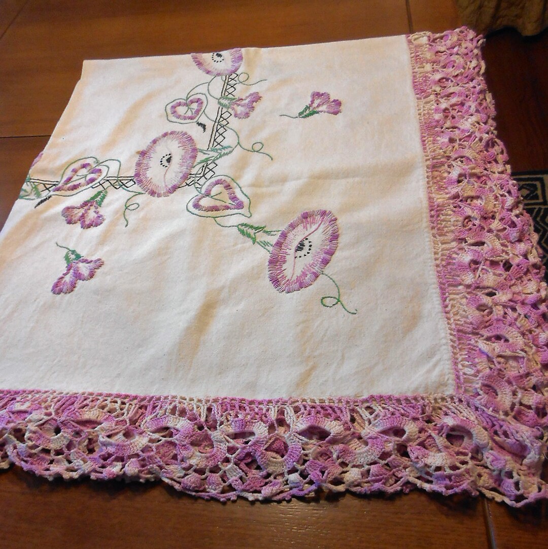 Rare MORNING GLORY TABLECLOTH Hand Embroidered Lavender Bullion ...