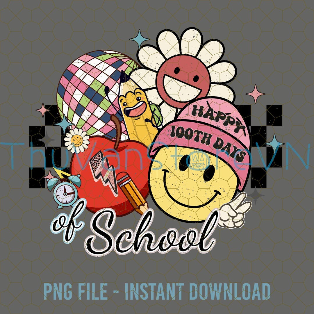 Happy 100th Days of School Png, Retro Groovy Smiley Face 100th Days Png ...