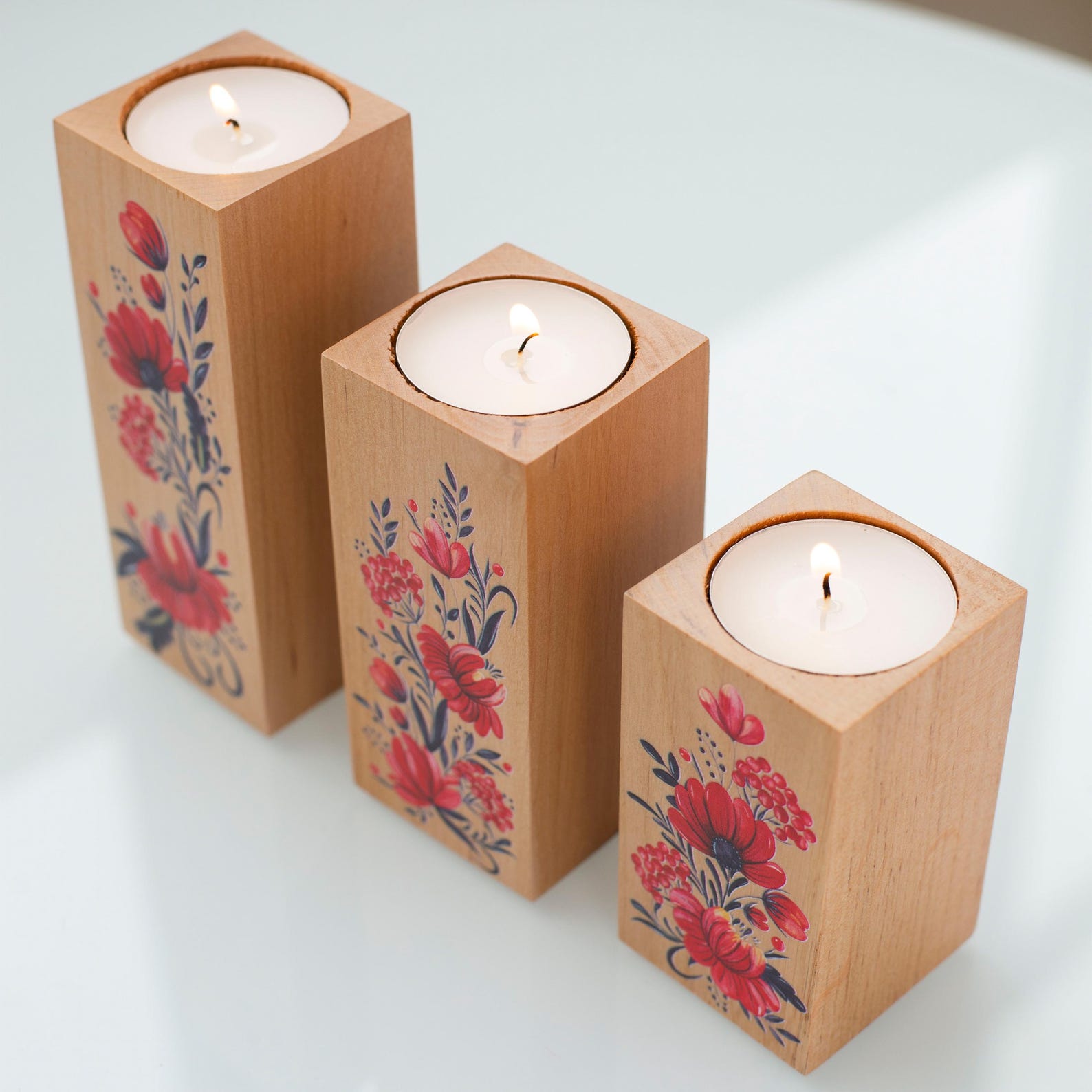 Floral SET of Wooden Candle Holders, Autumn Candle Organizer, Rustic ...