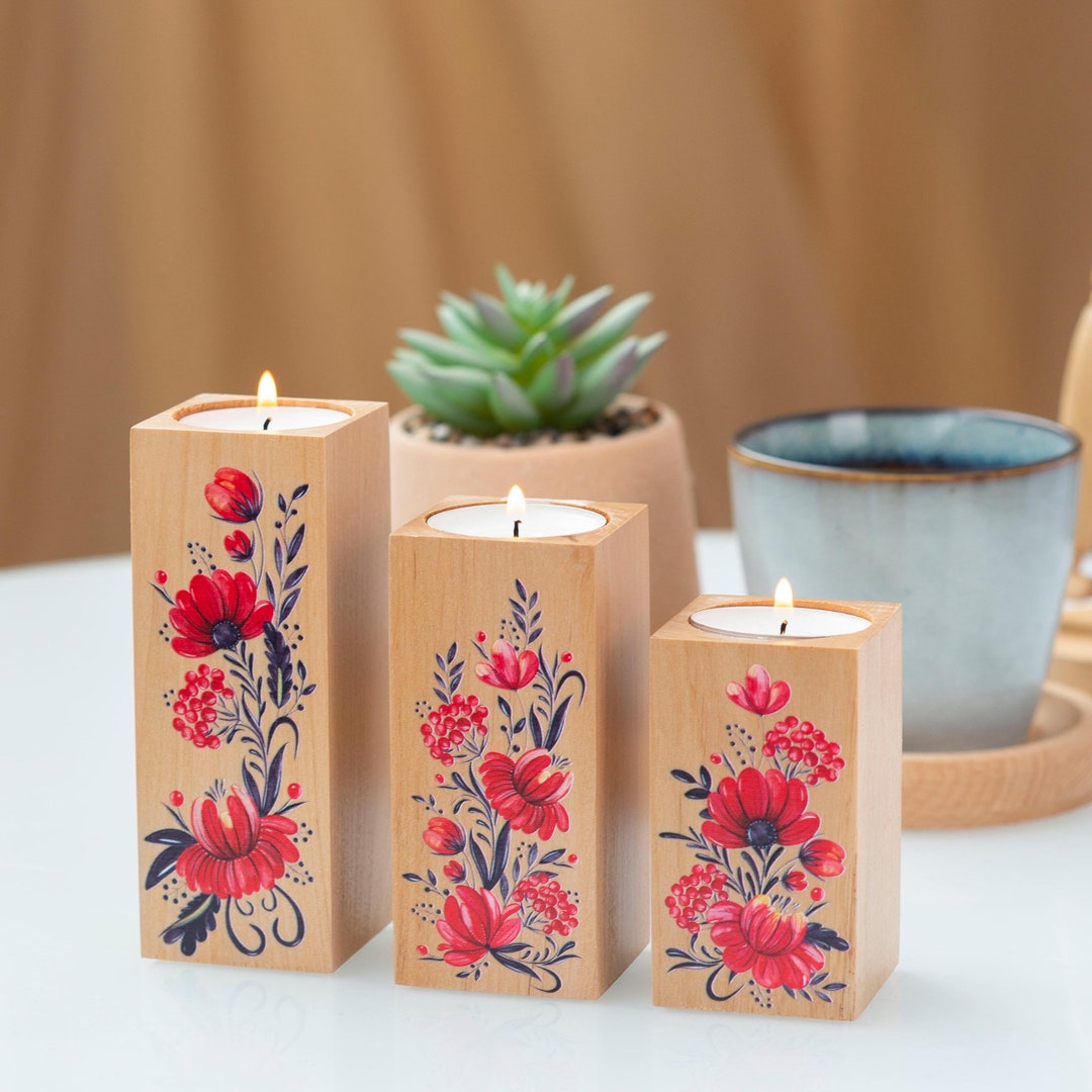 Floral SET of Wooden Candle Holders, Autumn Candle Organizer, Rustic ...