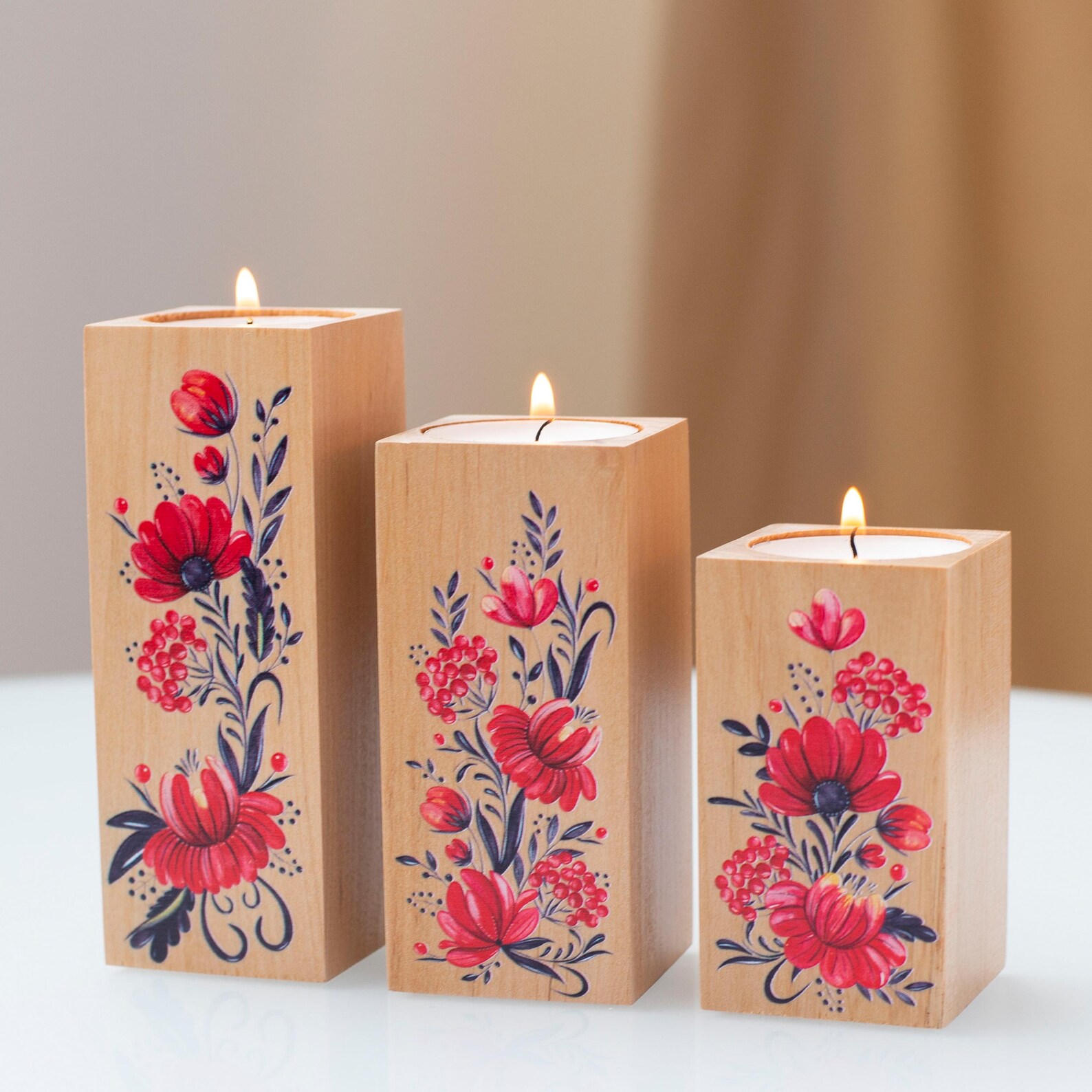 Floral SET of Wooden Candle Holders, Autumn Candle Organizer, Rustic ...