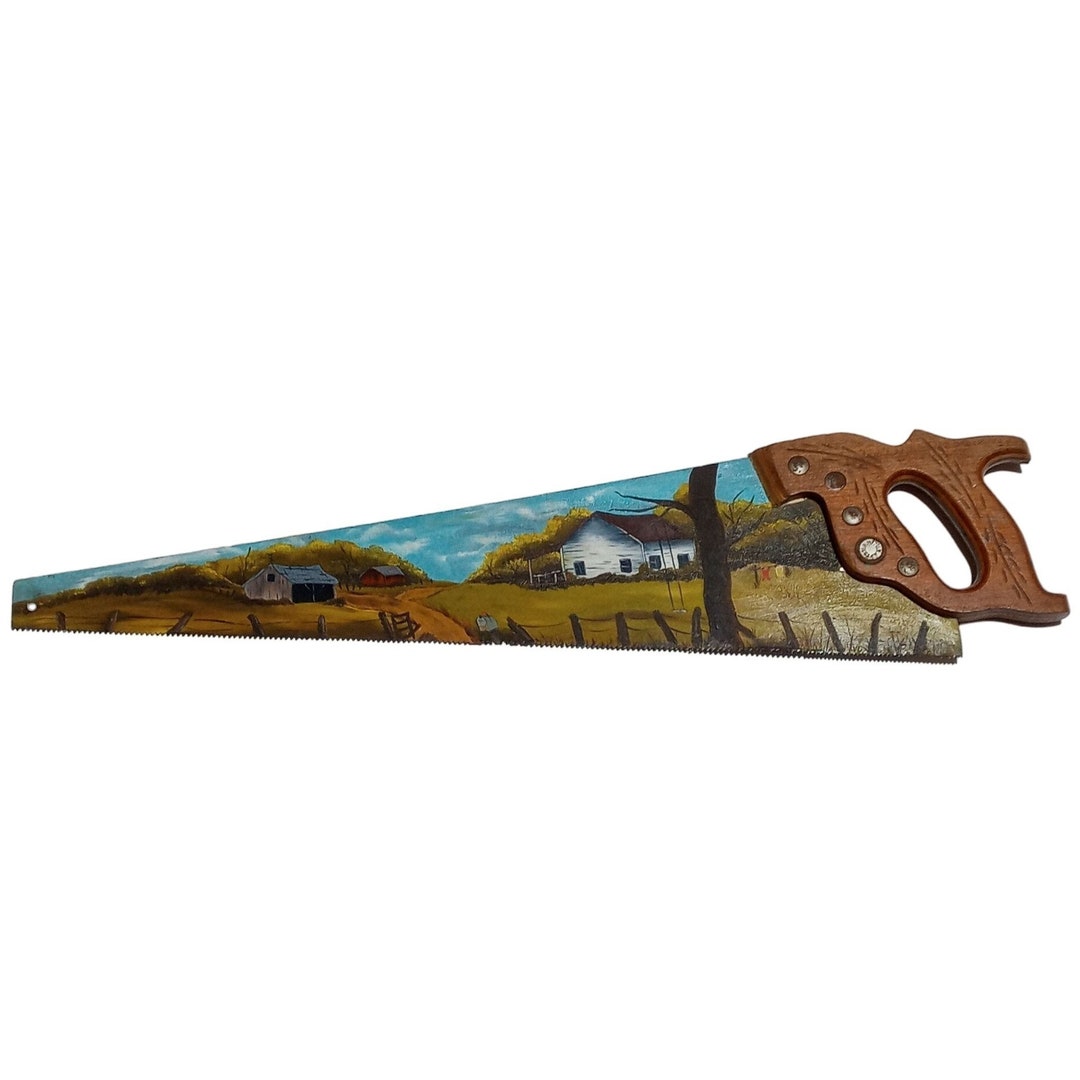 Vintage Painted Saw Folk Art Country Home Dirt Road Clothesline Tree ...