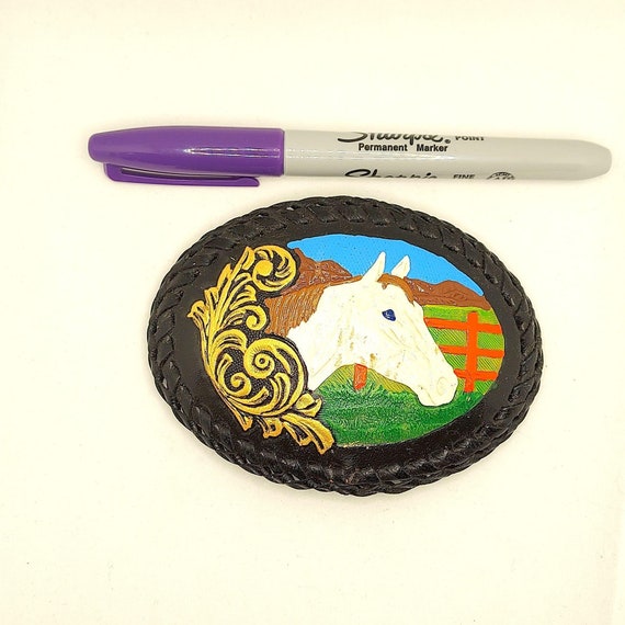 White Horse Belt Buckle Painted Black Leather Vintage… - Gem