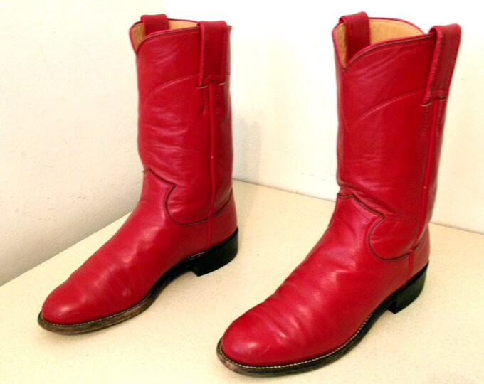 Red Leather Roper Style Justin Brand Cowboy Boots - Etsy