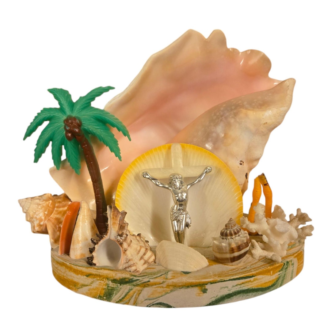 Vintage Seashell Beach Scene Sculpture Shrine Crucifix Palm Tree Kitsch ...