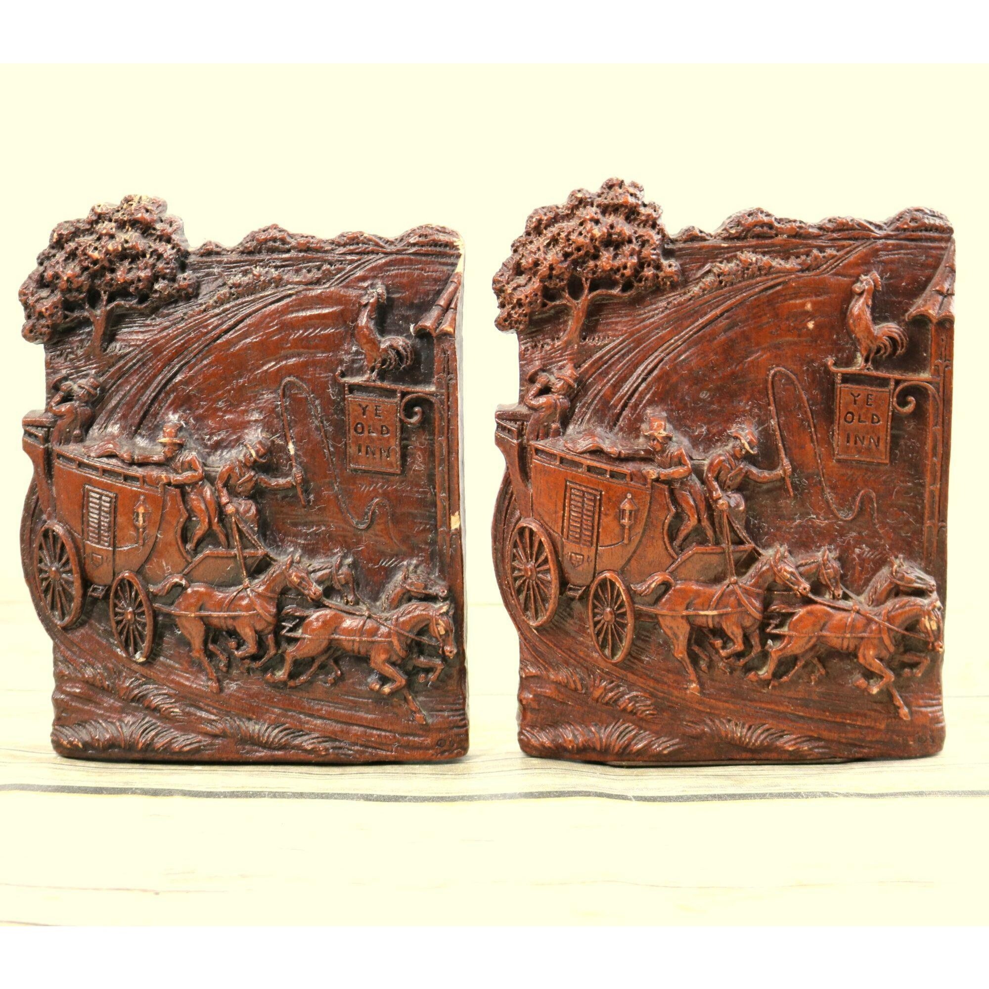 Western Horse Bookends Syroco Wood Rooster Stagecoach Ye Old Inn ...