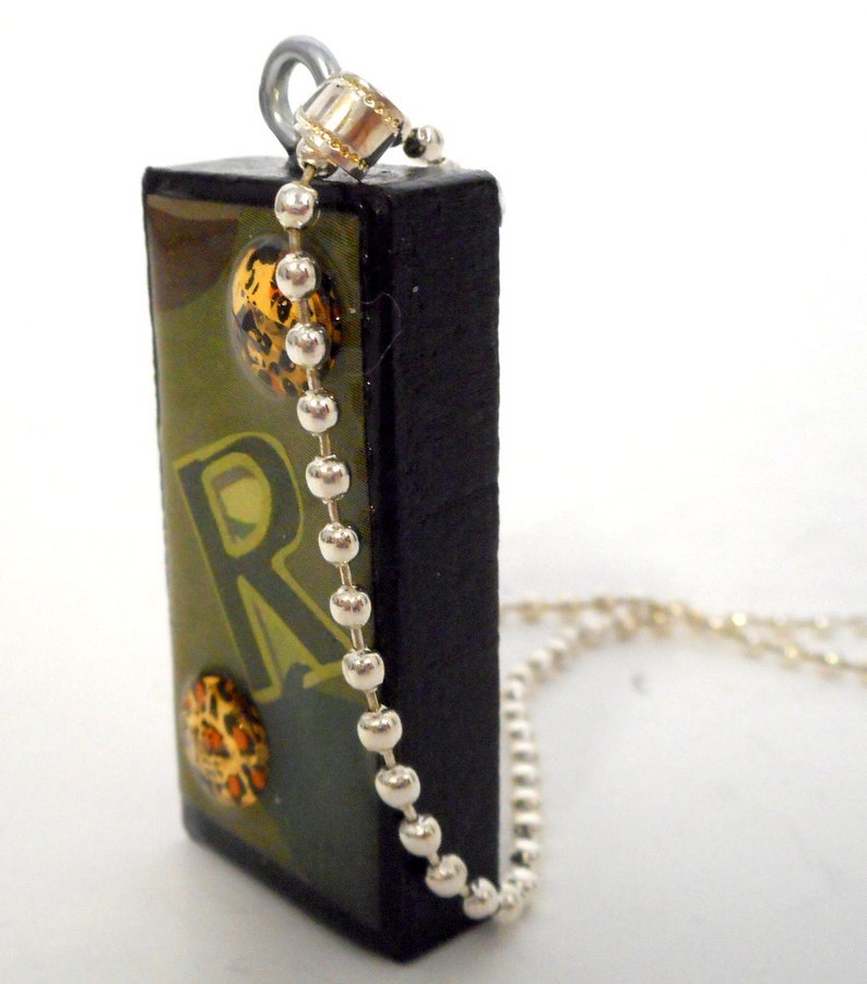 Green Leopard Letter R Collage Domino Necklace Pendant Reclaimed Mixed ...