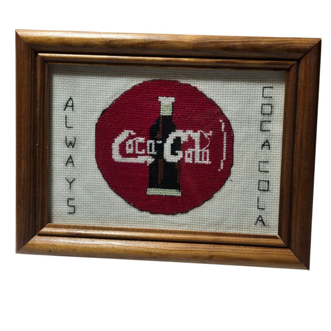 Vintage Coca Cola Cross Stitch Art in Wooden Frame Soda Pop Collectible ...