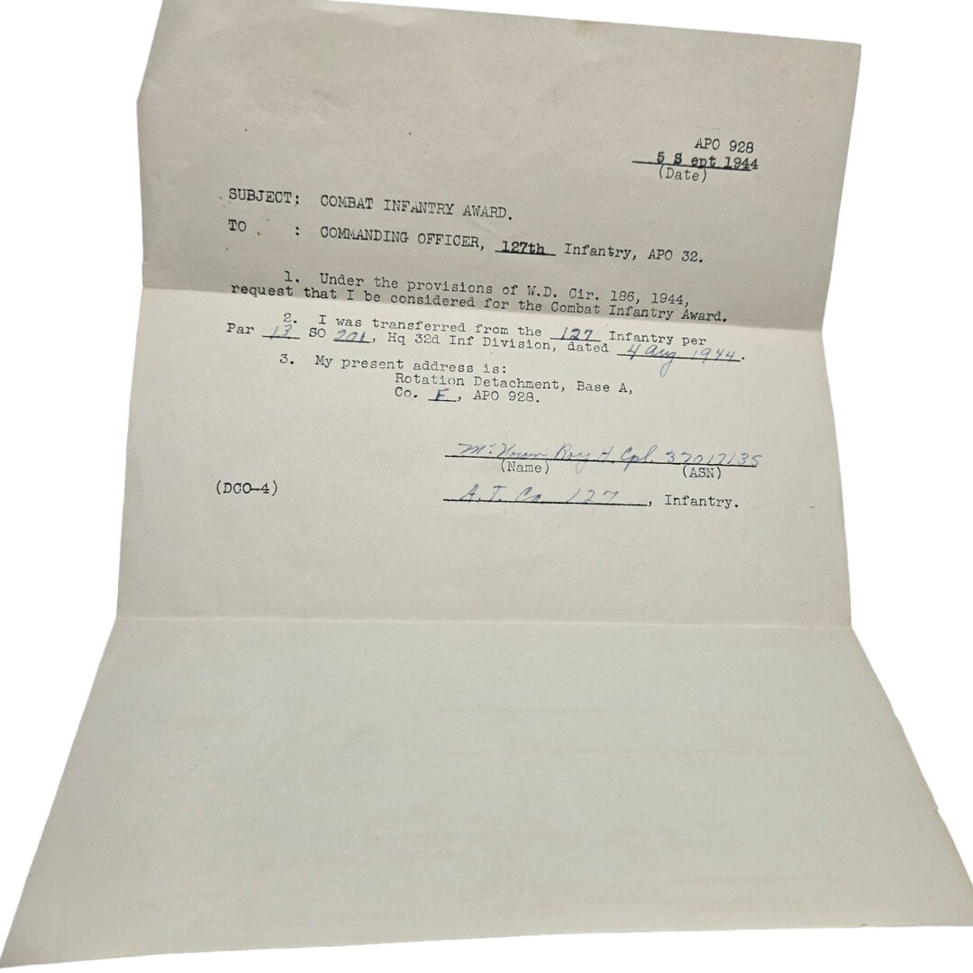 1944 Combat Infantry Award Consideration Letter World War 2 WWII ...