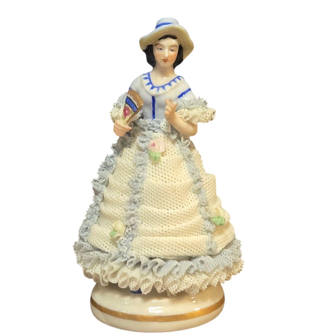 Irish Dresden Porcelain Figurine Victorian Lady Holding Fan Lace Dress ...