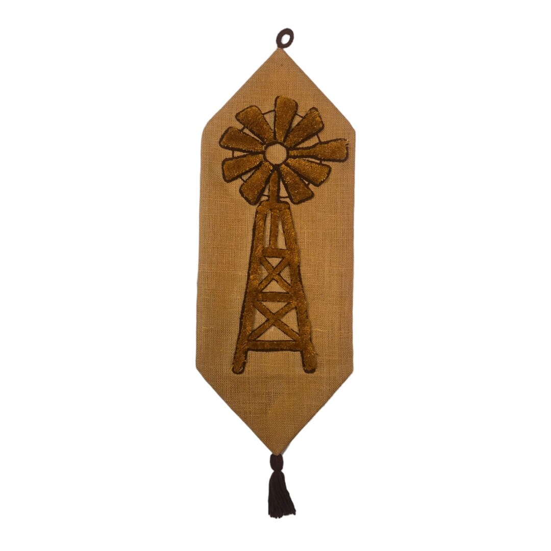 Vintage Windmill Burlap Wall Hanging Textile Wall Art 40 Inch Farmcore ...