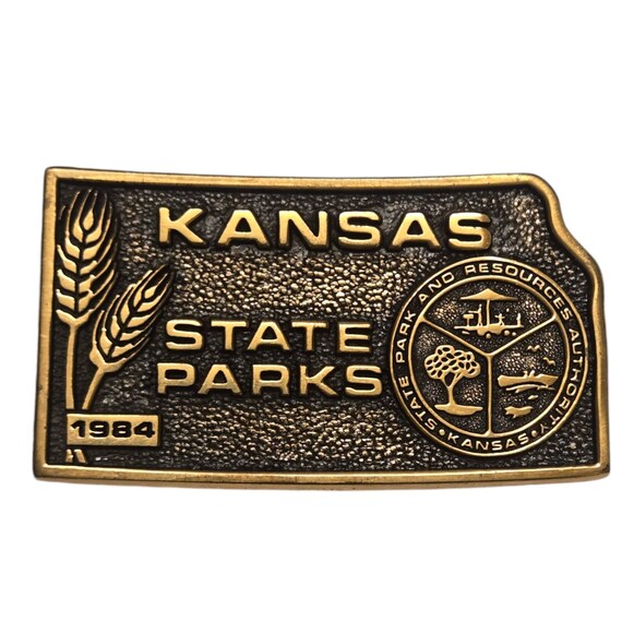1984 Kansas State Parks Belt Buckle Vintage KS Ranger… - Gem