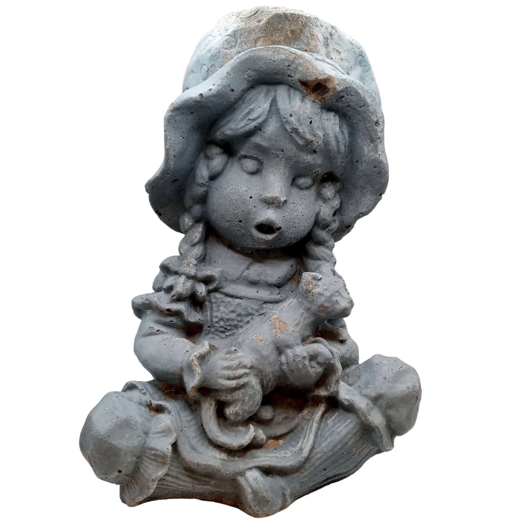 Pigtail Girl Holding Cat Cement Sculpture 11 Inch Art Statue Concrete ...
