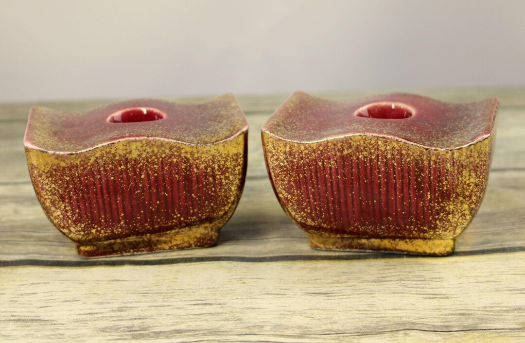 Art Deco Candle Holders Candlestick Mauve Gold Speckled Ceramic Vintage ...