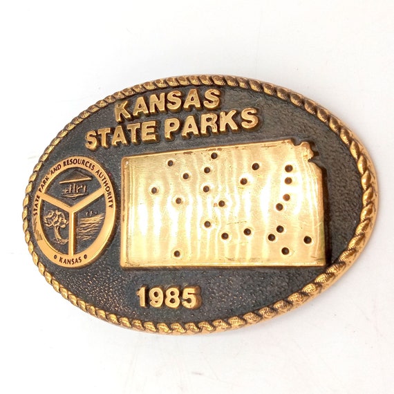 Kansas State Parks Belt Buckle 1985 Vintage KS Outdoo… - Gem