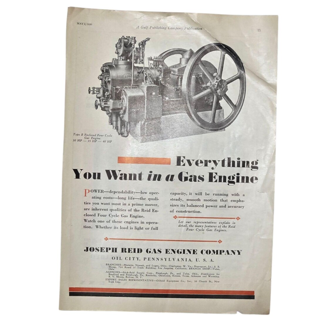 Vintage 1930 Joseph Reid Gas Engine Magazine Ad Spang Chalfant ...