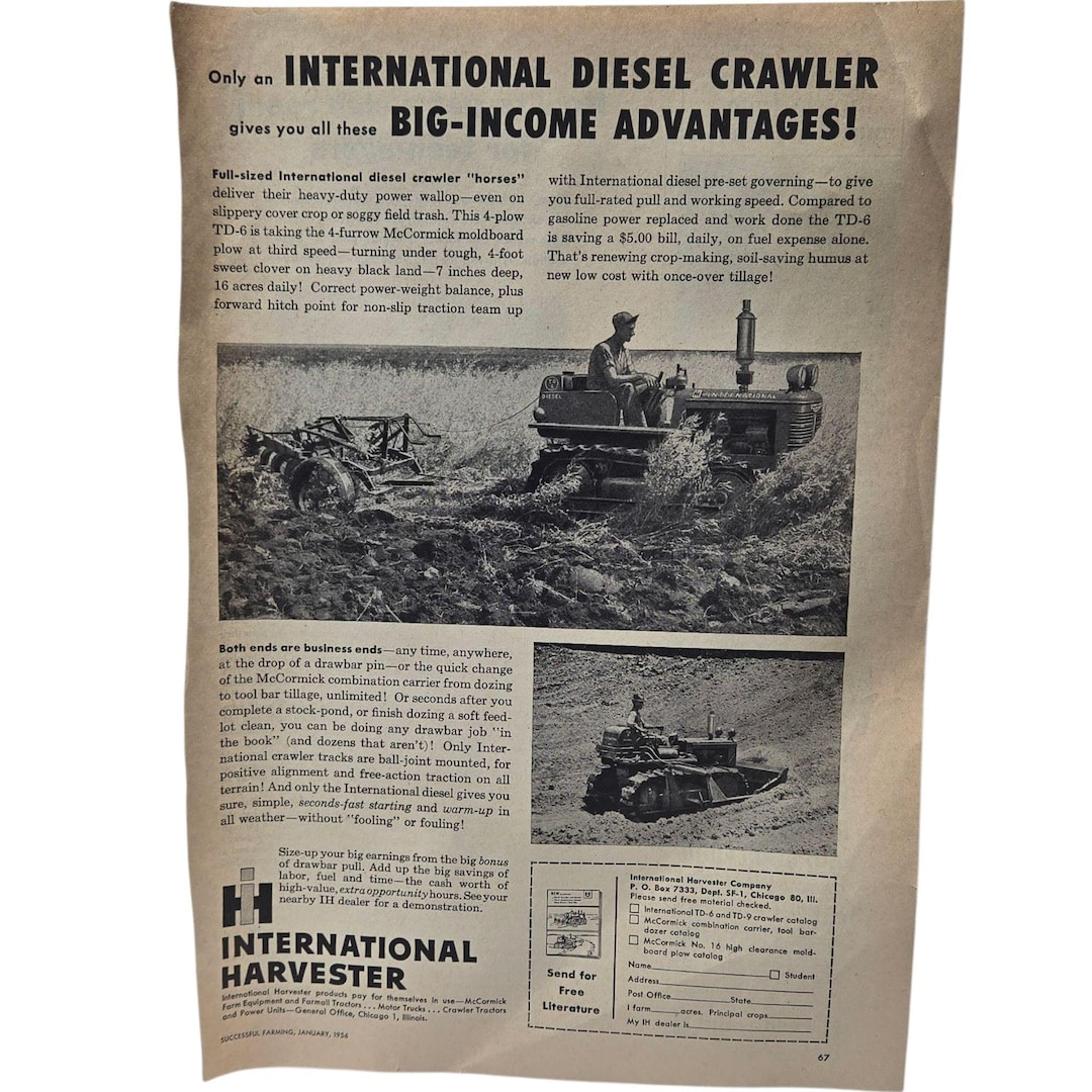 Vintage 1956 International Harvester Diesel Crawler Print Magazine Ad ...