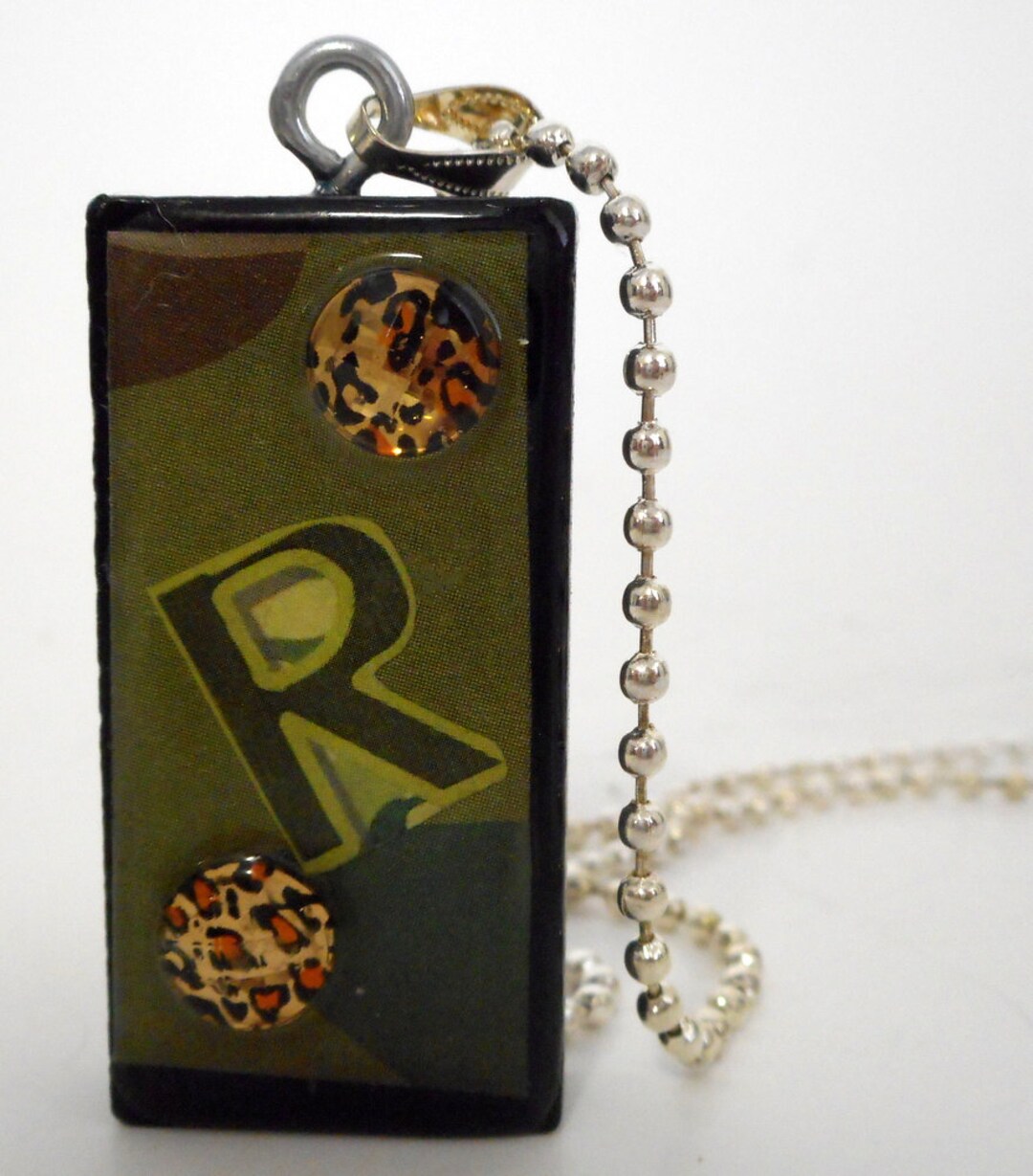 Green Leopard Letter R Collage Domino Necklace Pendant Reclaimed Mixed ...