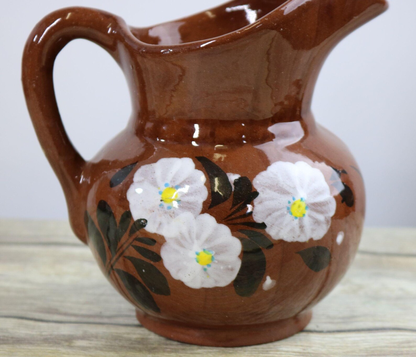 Vintage Brown Pitcher Pottery Hand Painted Flowers Floral - Etsy