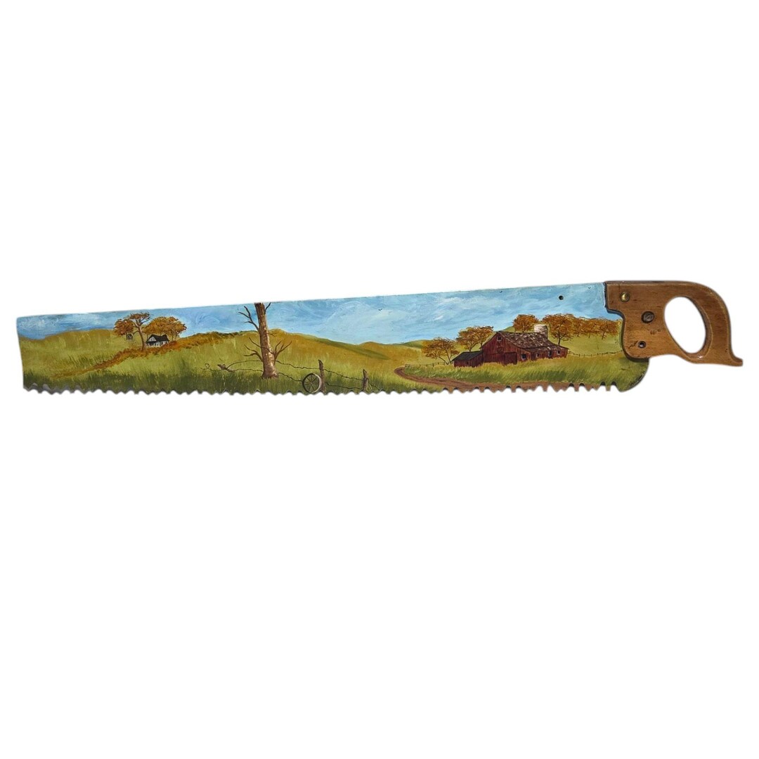 Antique Hand Saw Folk Art Rustic Countryside Scene Hand Painted Wall ...