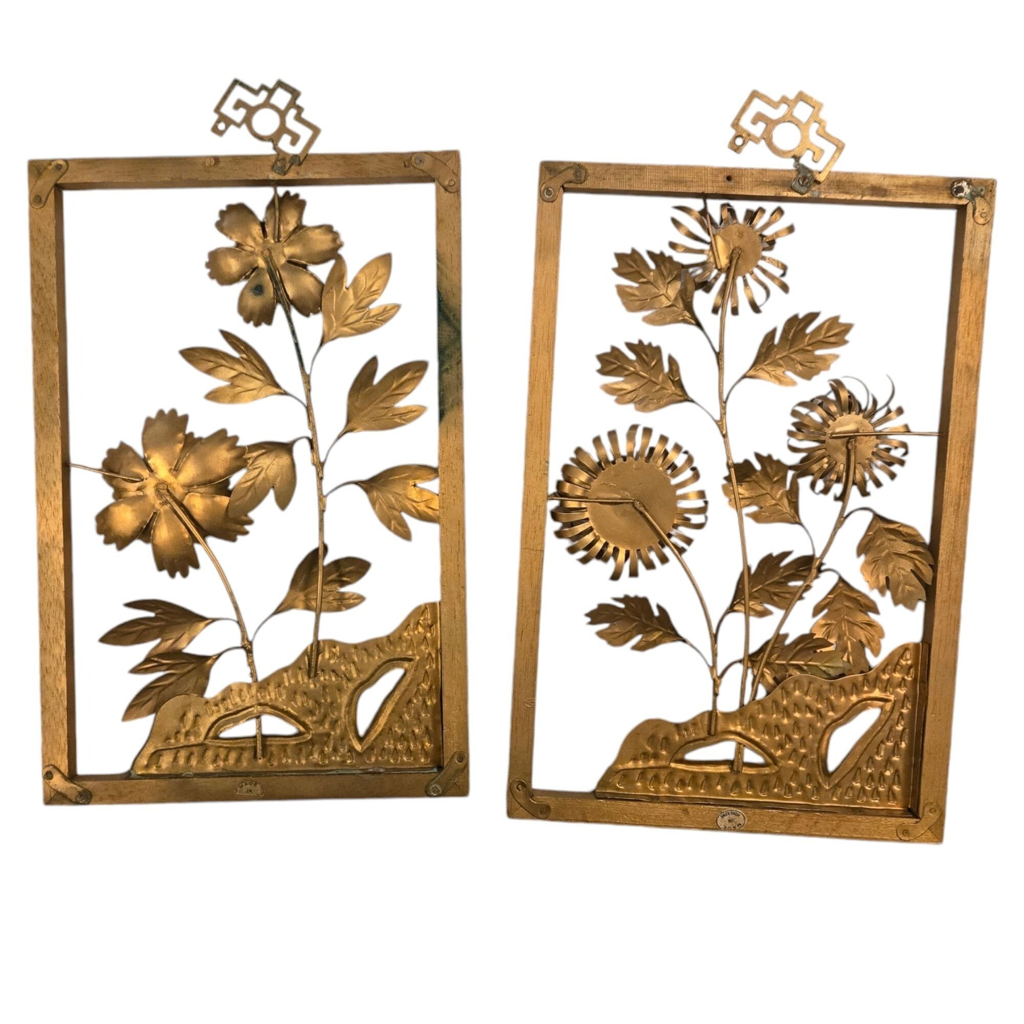 Mid Century 3D Metal Flower Wall Art Plaques in Wood Frames Set of 2 ...