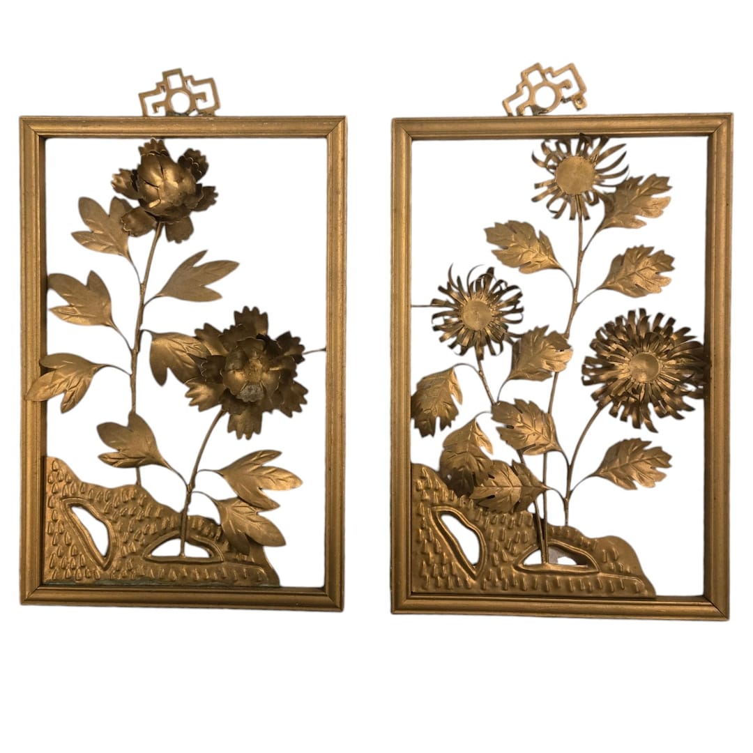 Mid Century 3D Metal Flower Wall Art Plaques in Wood Frames Set of 2 ...