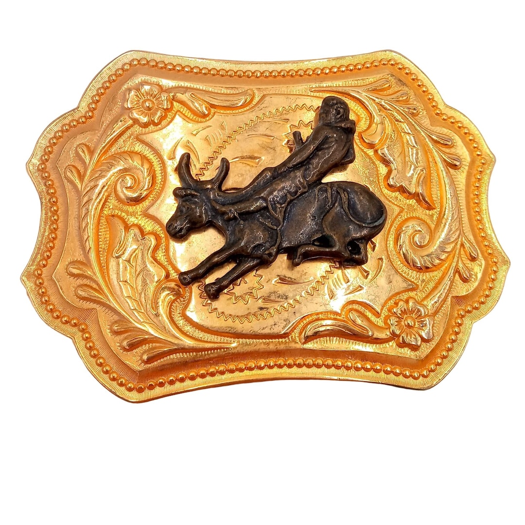 Bull Rider Belt Buckle Rodeo Cowboy Vintage Gold Tone Riding Country ...