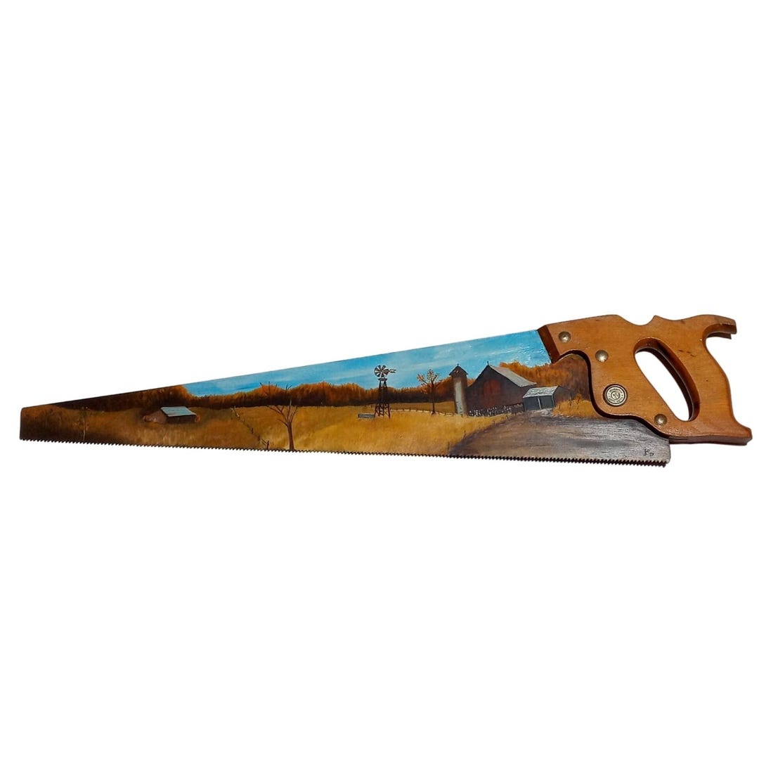 Country Barn Windmill Painting Prim Folk Art Painted Hand Saw Tool OOAK ...
