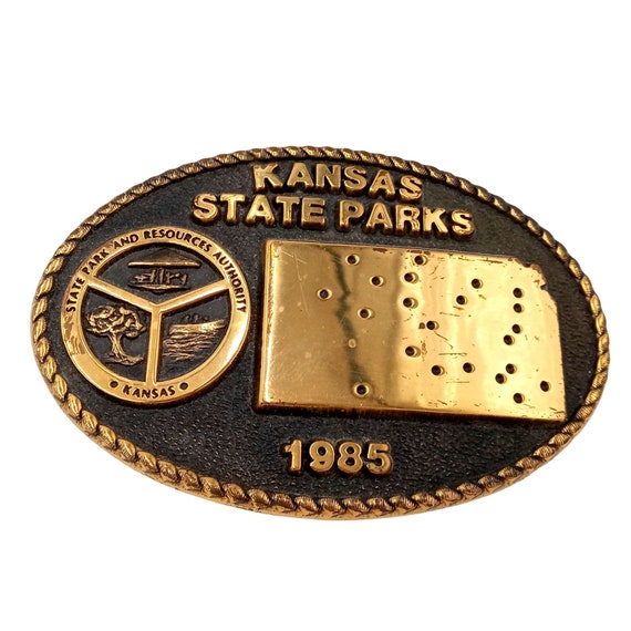 Kansas State Parks Belt Buckle 1985 Vintage KS Outdoo… - Gem