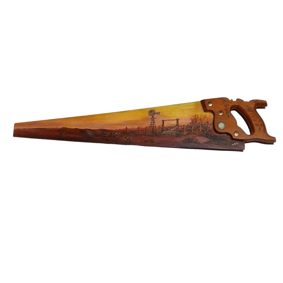 Cactus Windmill Painted Folk Art Farm Scene Hand Saw Vintage Desert ...