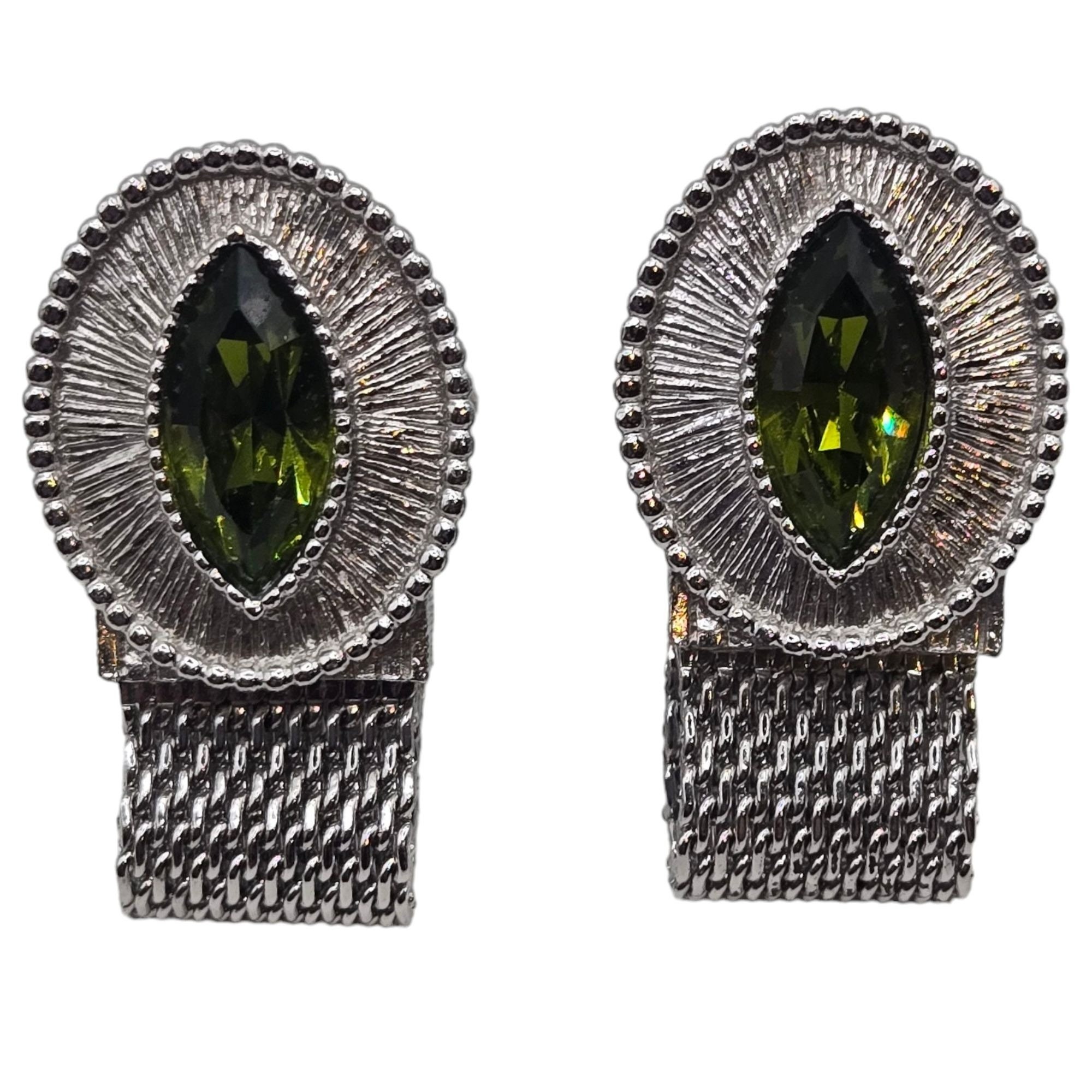 Vintage Swank Silver Tone Mesh Wrap Cufflinks With Green Marquise Cut ...