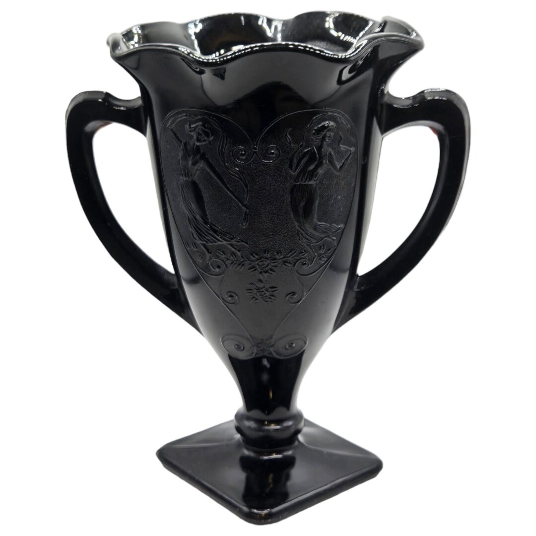 Vintage Black Amethyst Glass Trophy Vase Dual Handles Dancing Ladies ...