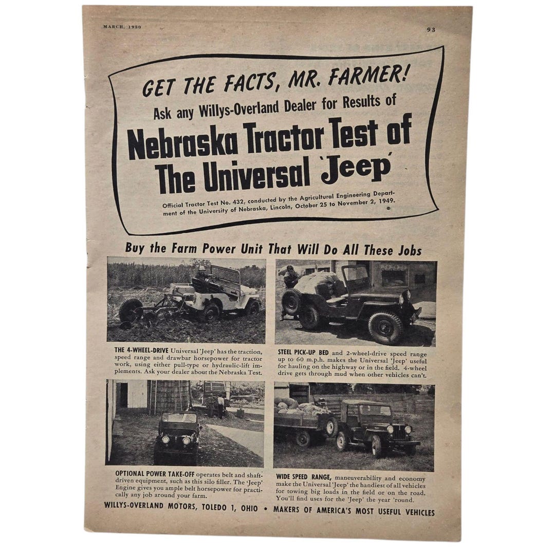 Vintage 1950 Willys Overland Jeep Nebraska Tractor Test Advertisement ...