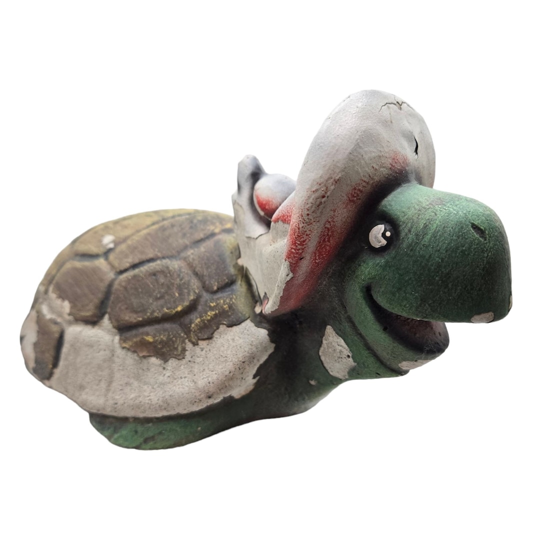 Happy Turtle Cement Sculpture Vintage Yard Art Flowers Statue Concrete ...