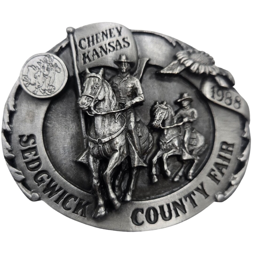 1988 Sedgwick County Fair Belt Buckle Cheney Kansas Sunflower Cowboy ...