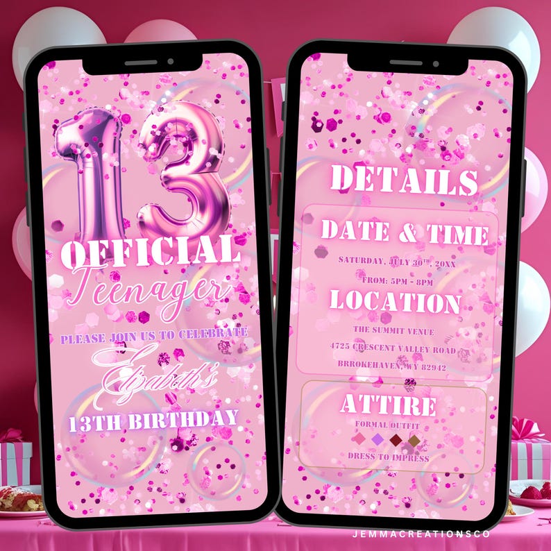 Editable Pink 13th Birthday Invitation Template, Digital Thirteenth ...