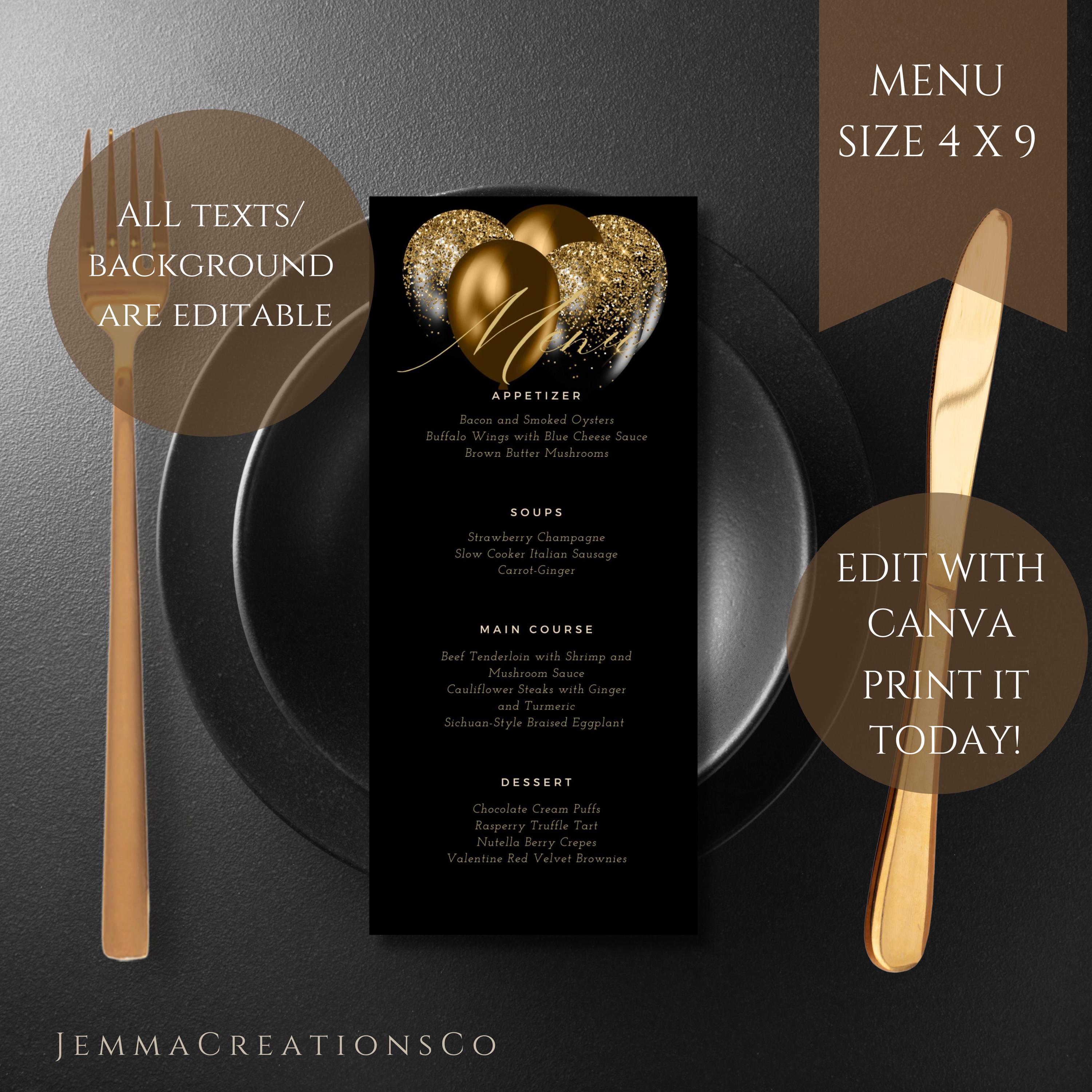 Editable Black Birthday Menu Card Template Gold, Balloon Table Menu ...