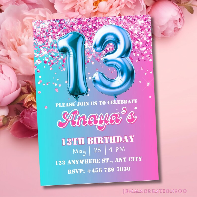 Editable Pink 13th Birthday Invitation Template, Digital Rainbow Foil ...