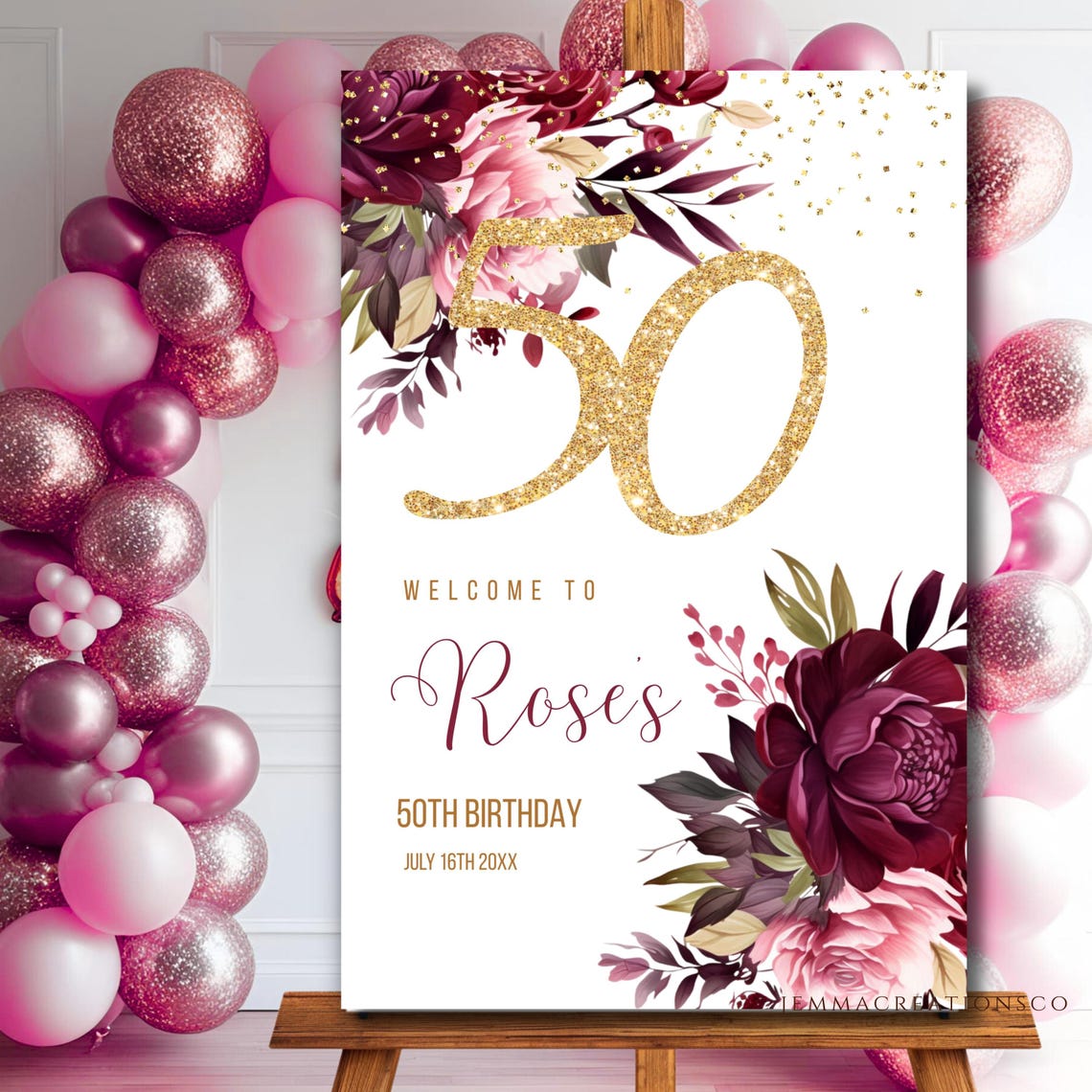 50TH Burgundy Floral Birthday Welcome Sign Printable Template, Fiftieth ...