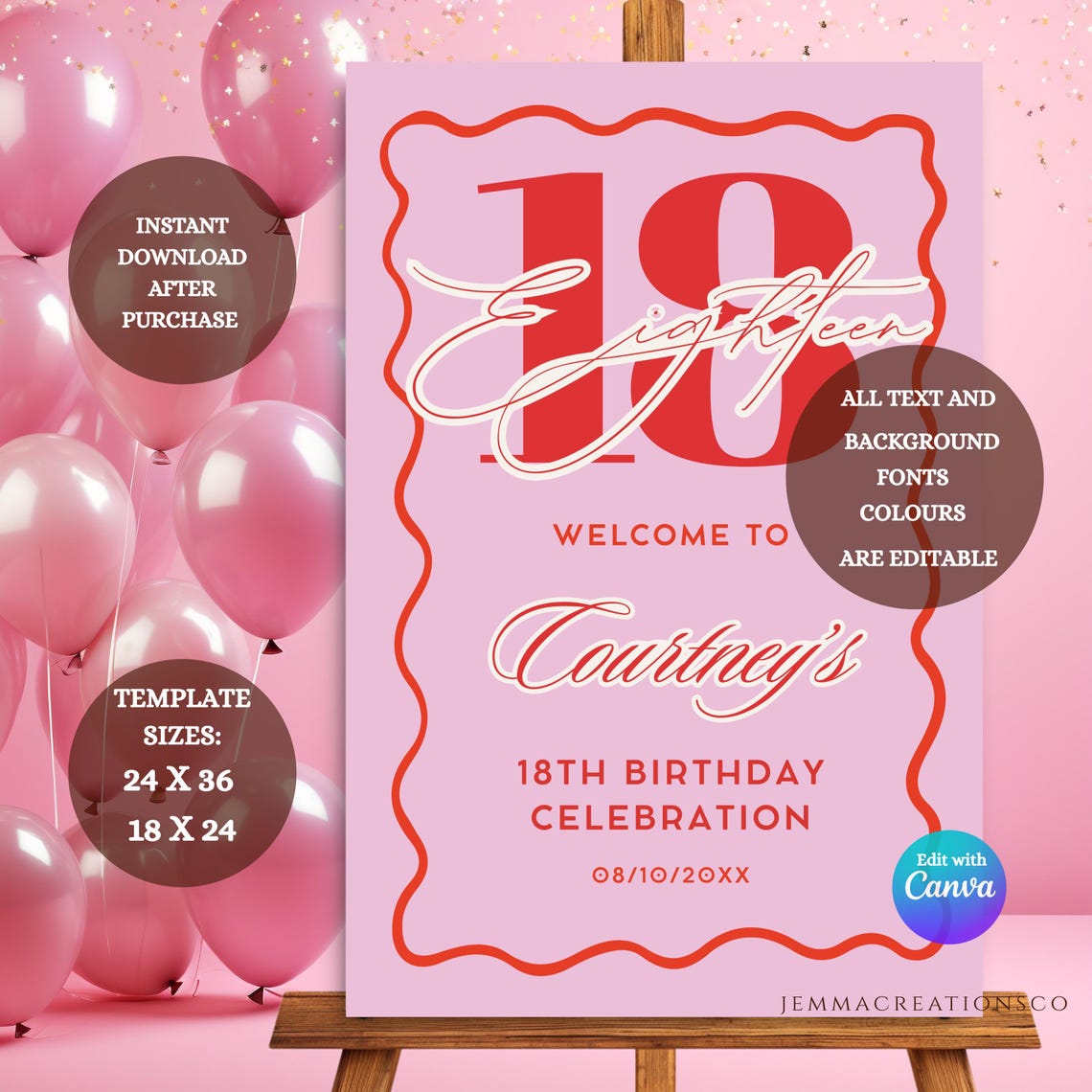 18th PINK Retro Birthday Welcome Sign Template, Eighteenth Wavy Border ...