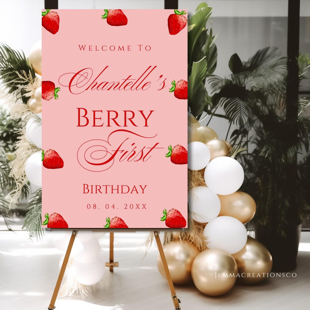 Berry First Birthday Welcome Sign Template Printable Strawberry 1st ...
