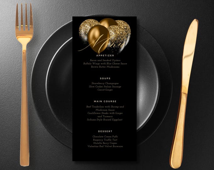 Editable Any Age Luxury Black Gold Birthday Dinner Menu, Editable Table ...