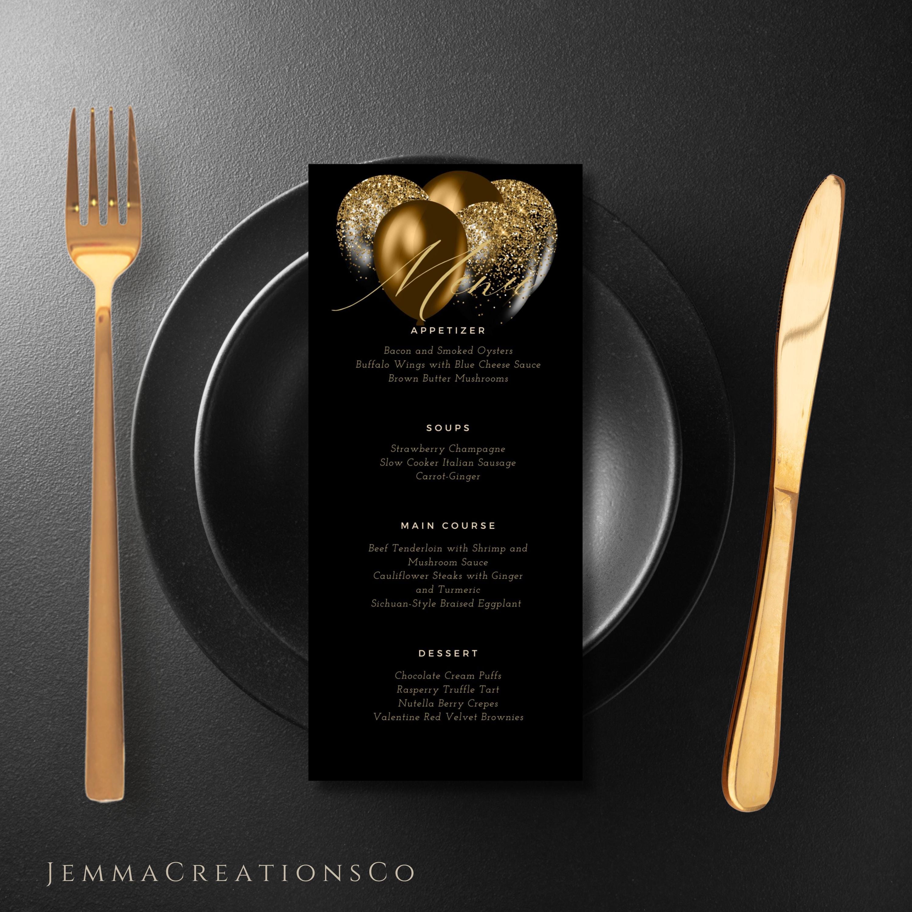 Editable Black Birthday Menu Card Template Gold, Balloon Table Menu ...