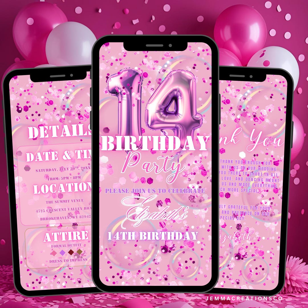 Editable Pink 14th Birthday Invitation Template, Digital Fourteenth ...