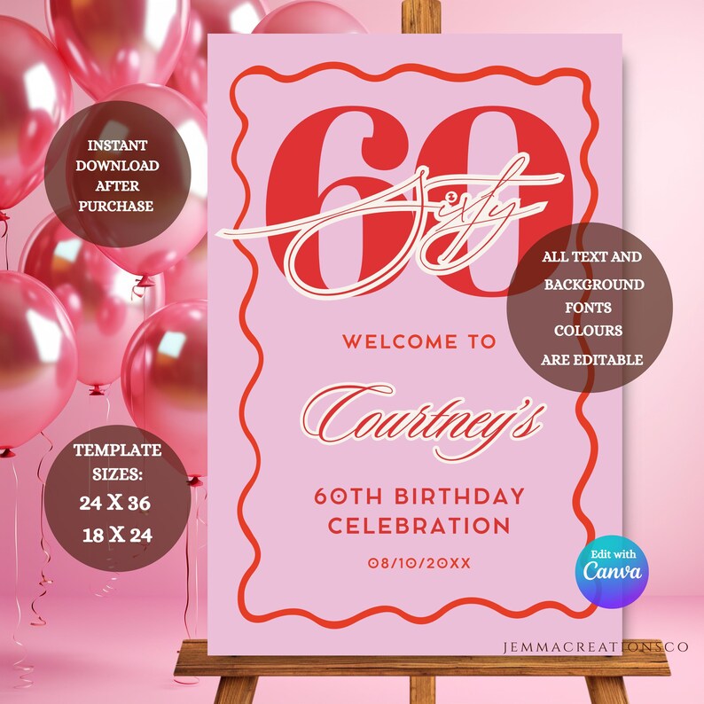 60th PINK Retro Birthday Welcome Sign Template, Sixtieth Wavy Border ...