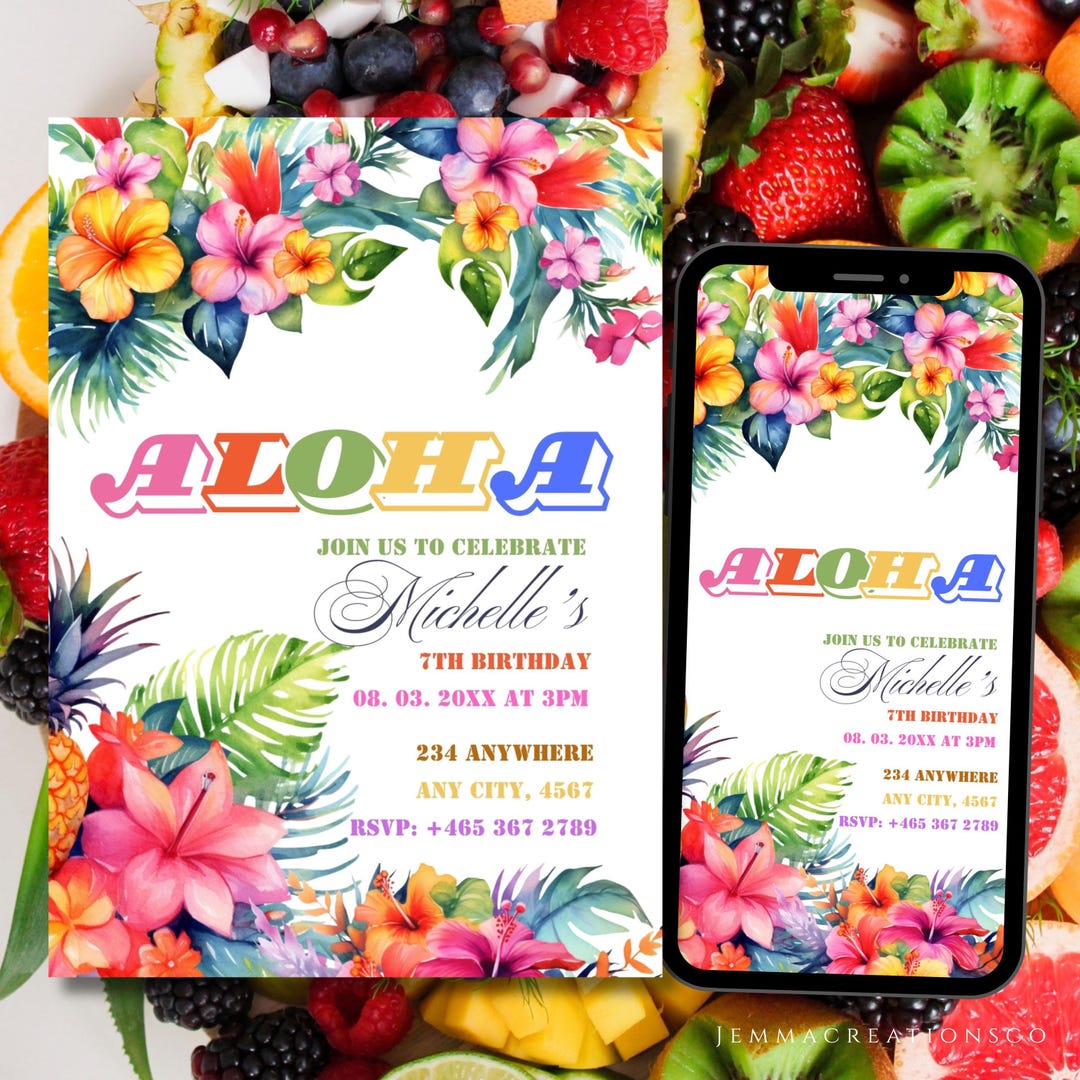 Editable Pineapple Birthday Invitation Tropical Template ANY AGE, Aloha ...