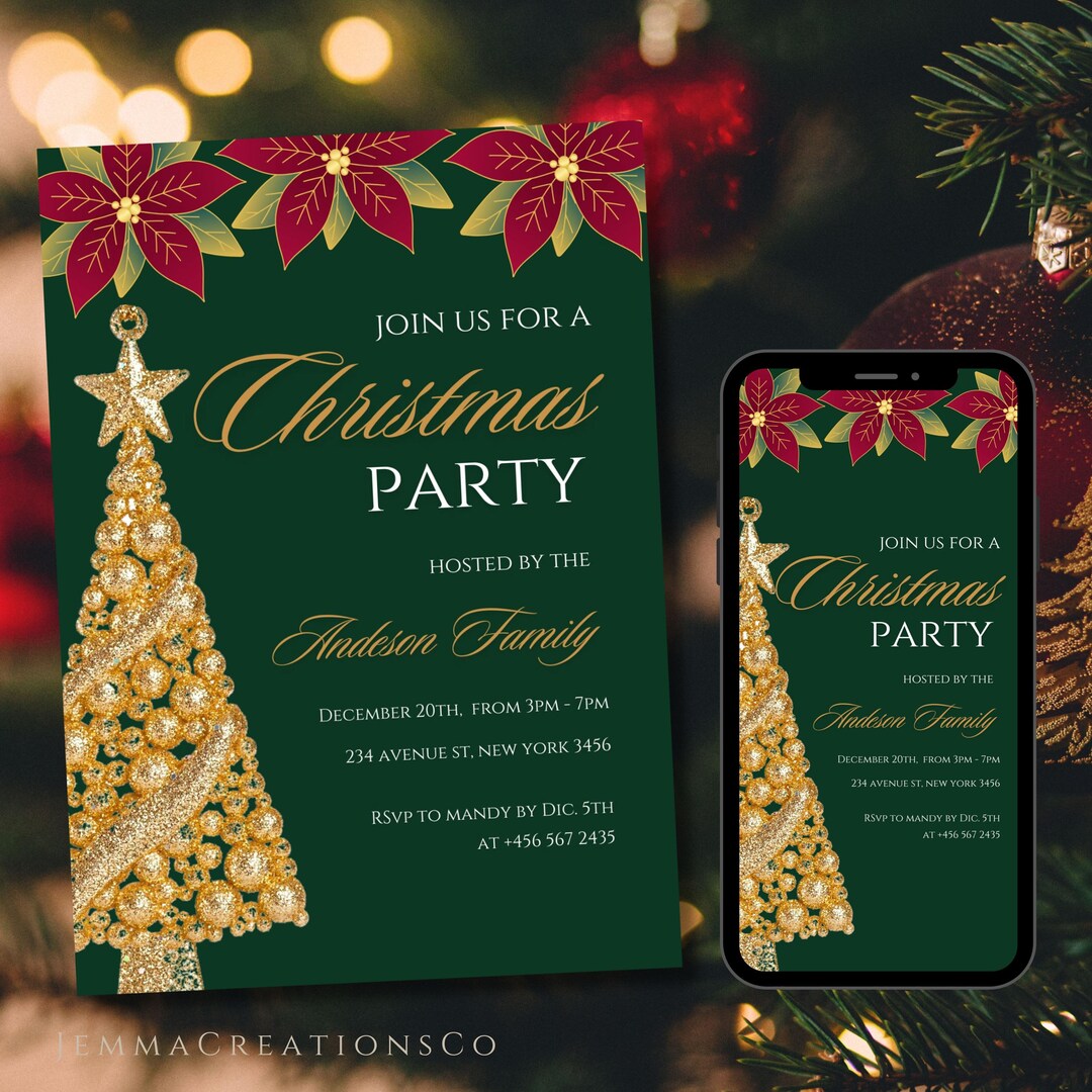 Editable Christmas Dinner Invitation Template Green, Christmas Tree ...