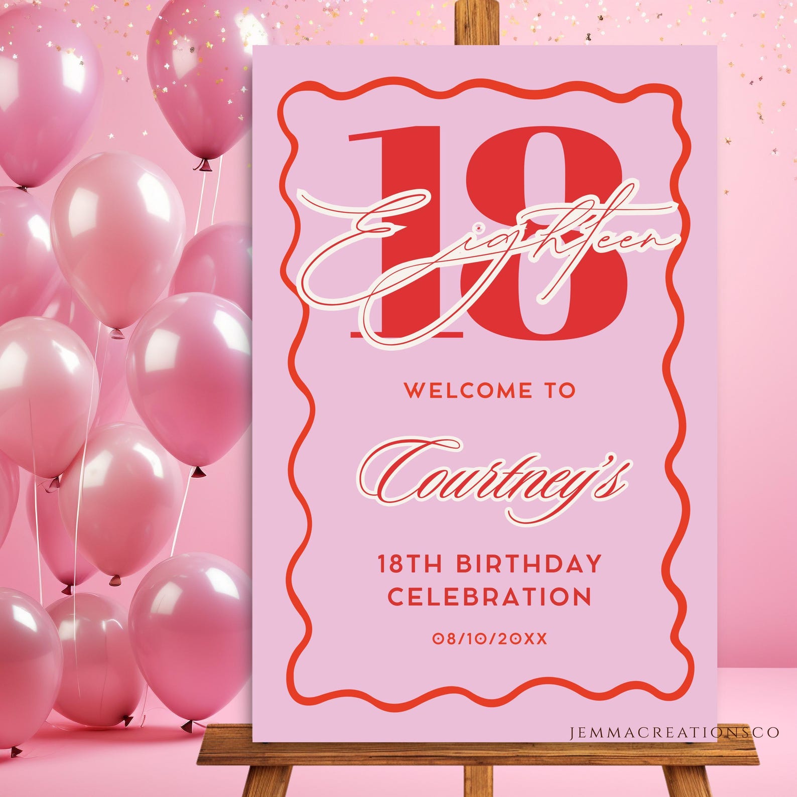18th PINK Retro Birthday Welcome Sign Template, Eighteenth Wavy Border ...