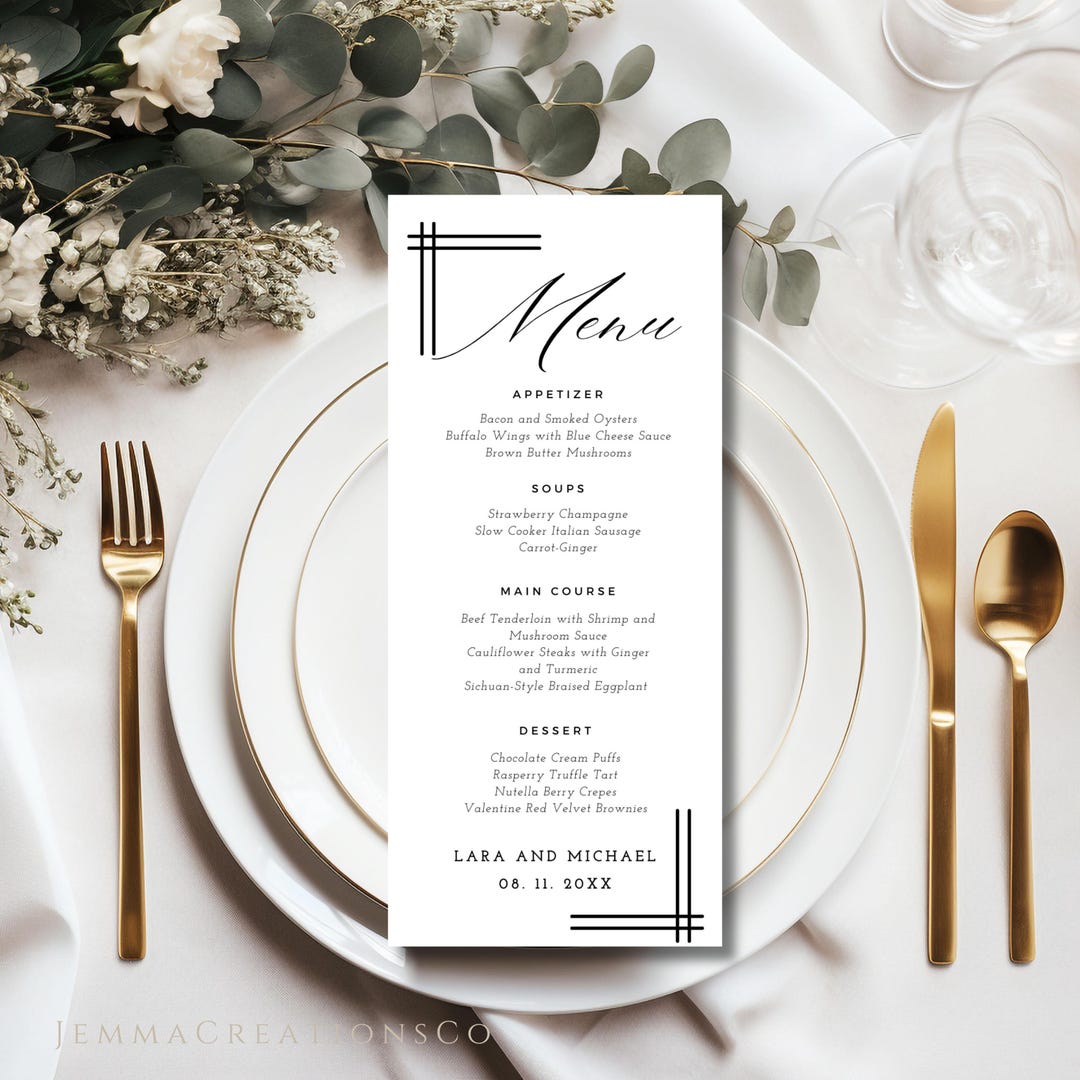 Editable Wedding Menu Card Template Modern, Elegant Table Menu ...