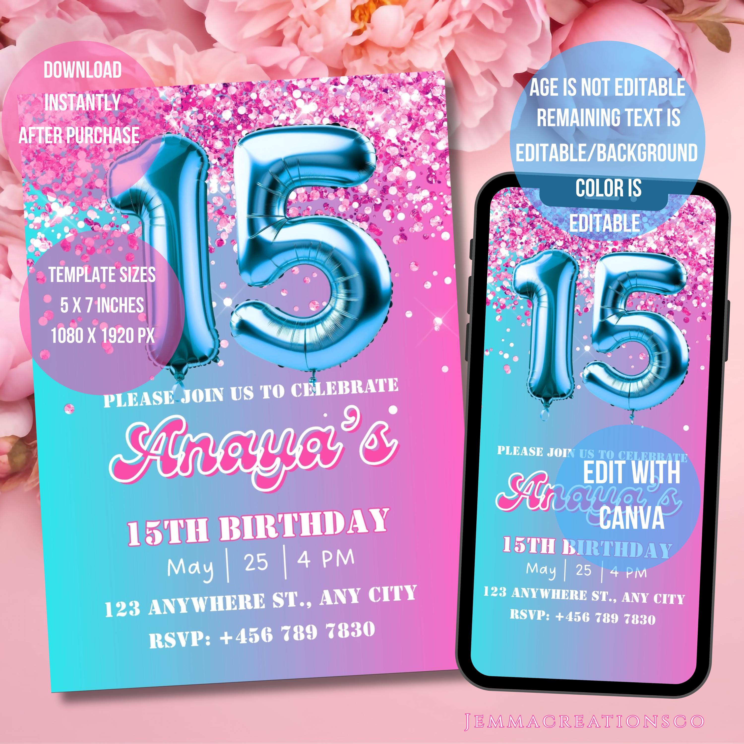Editable Pink 15th Birthday Invitation Template, Digital Rainbow Foil ...
